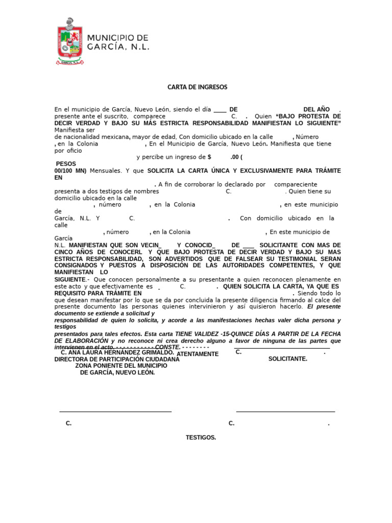 Carta de Ingresos Formato Actualizado Zona Poniente 2023 | PDF | Gobierno