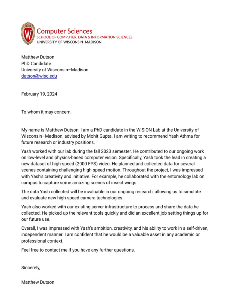 Matthew's Letter of Recommendation | PDF