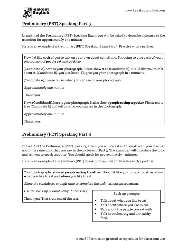 Preliminary PET Speaking Parts 3 and 4 D | PDF