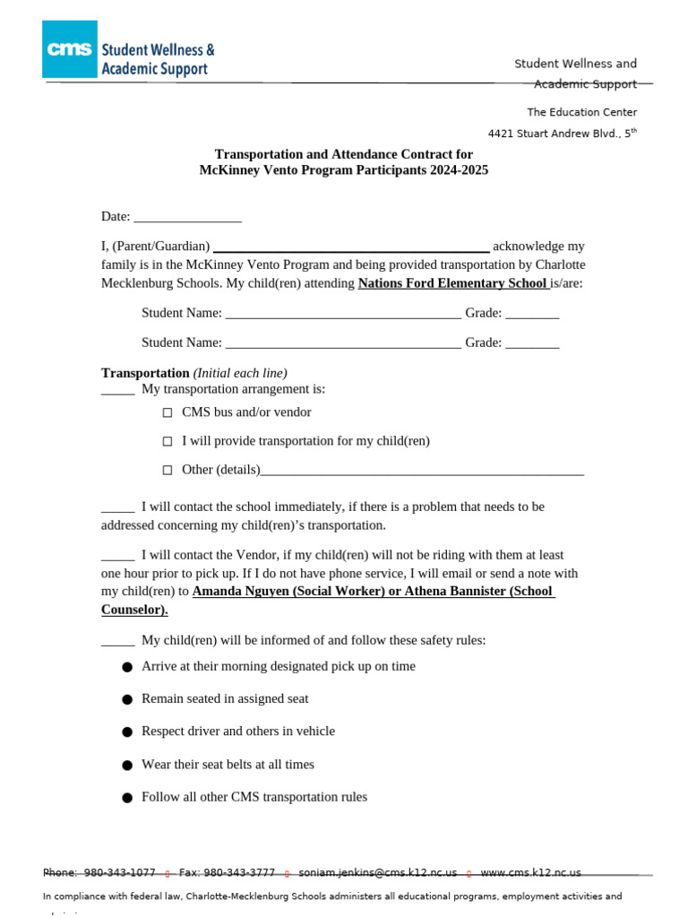 McKinney Vento Transportation Contract 2024-2025 | PDF