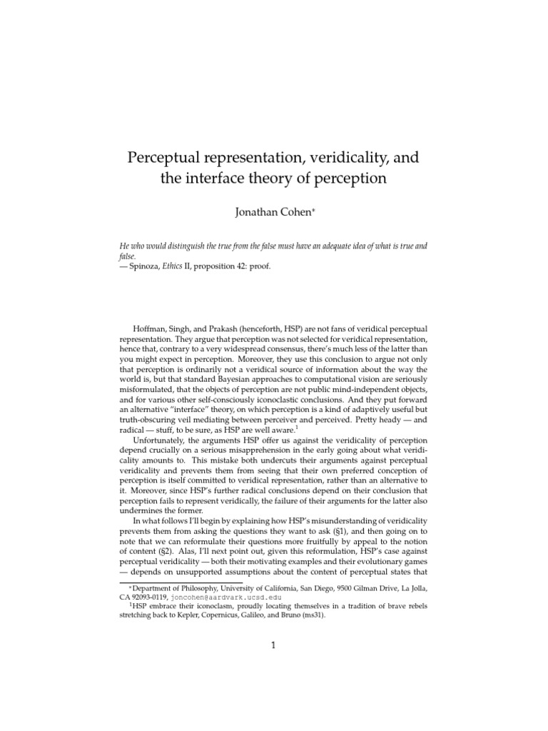 Cohen. Perceptual Representation, Veridicality, and The Interface Theory of Perception | PDF ...
