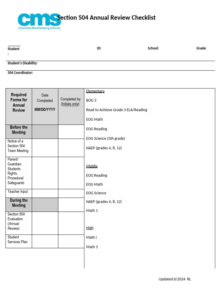 Section 504 Annual Review Checklist | PDF