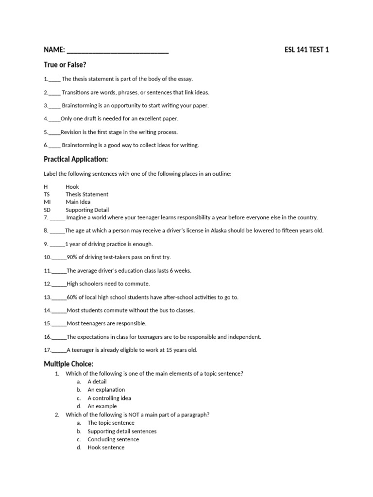 ESL 141 Writing Test Questions | PDF | Paragraph