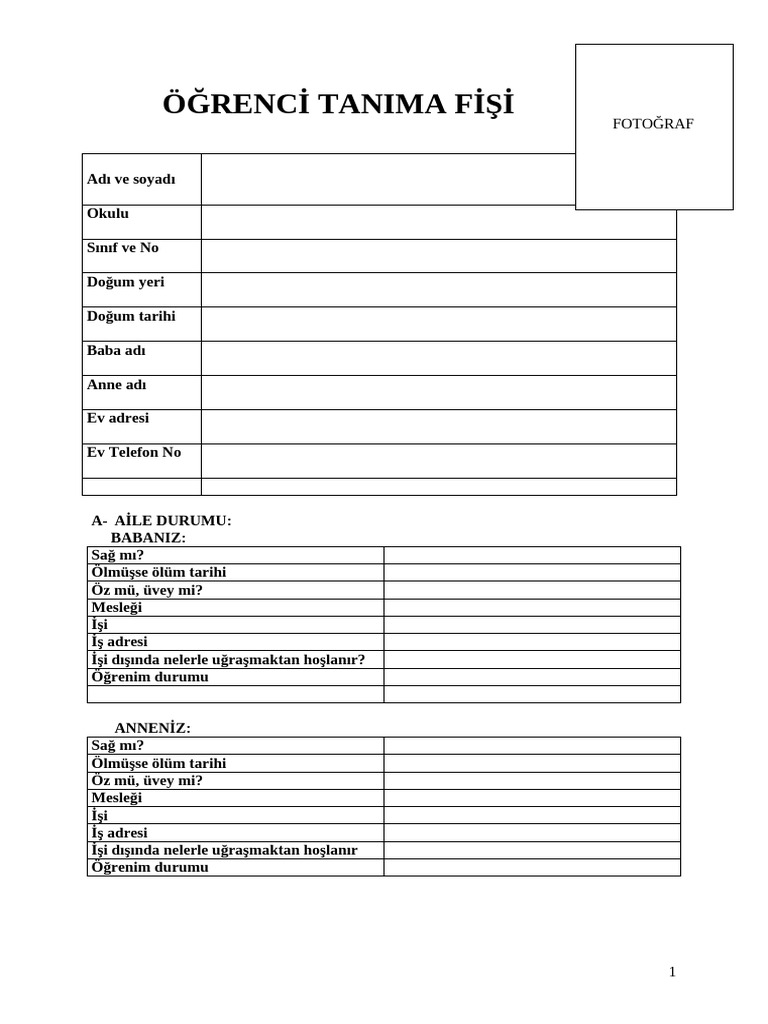 ÖĞRENCİ TANIMA FİŞİ | PDF