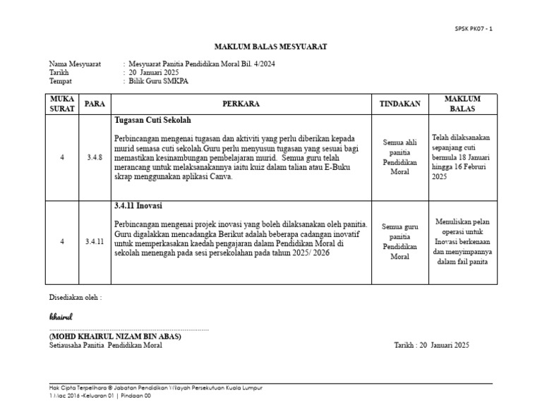Maklum Balas Minit Mesyuarat Pendidikan Moral Kali Empat (Bilangan 4) 2024 | PDF