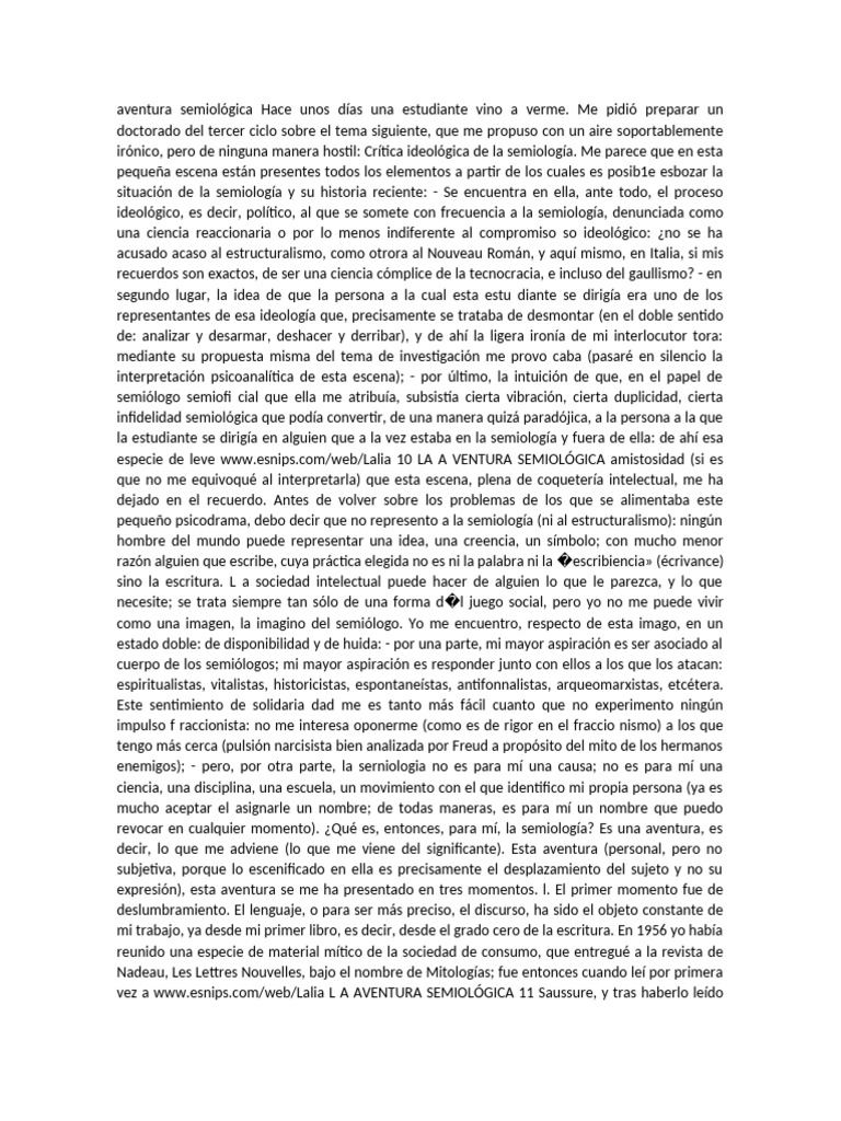 Aventura Semiológica Roland Barthes | PDF | Semiótica | Escritura