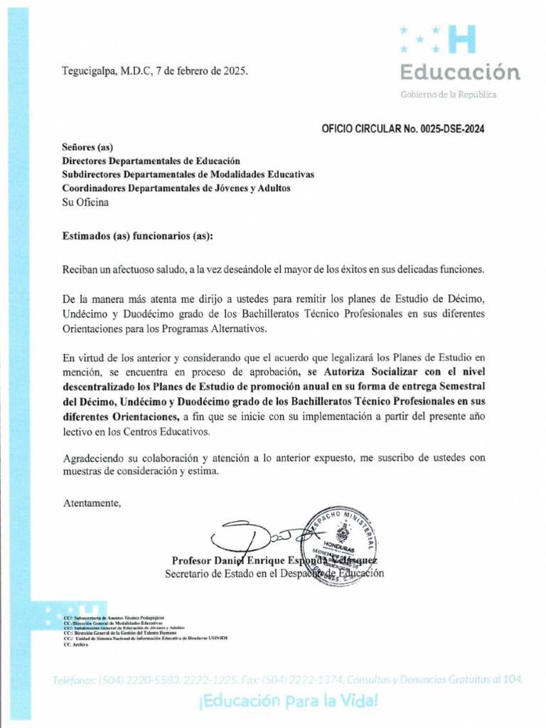 Oficio Circular No. 0025-DSE-2025 - 0001 | PDF