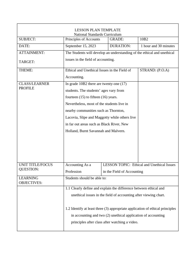 LESSON PLAN - Ethical Issues in The Field of Accounting | PDF ...