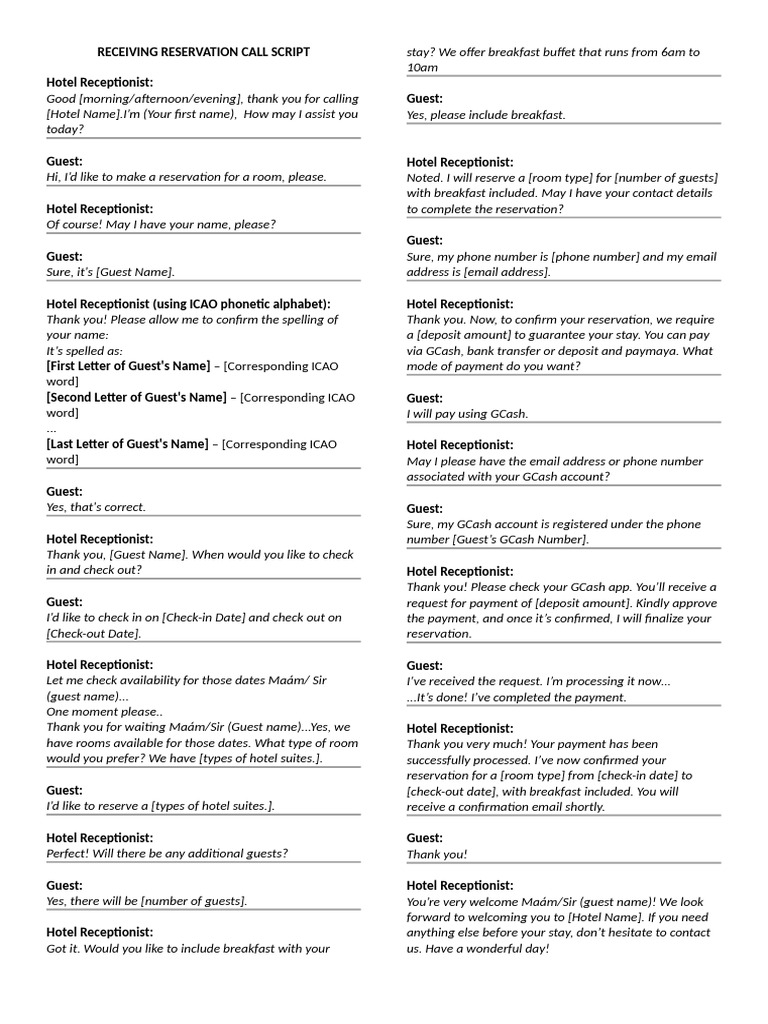 RECEIVING RESERVATION CALL SCRIPT (New) | PDF | Writing | Orthography
