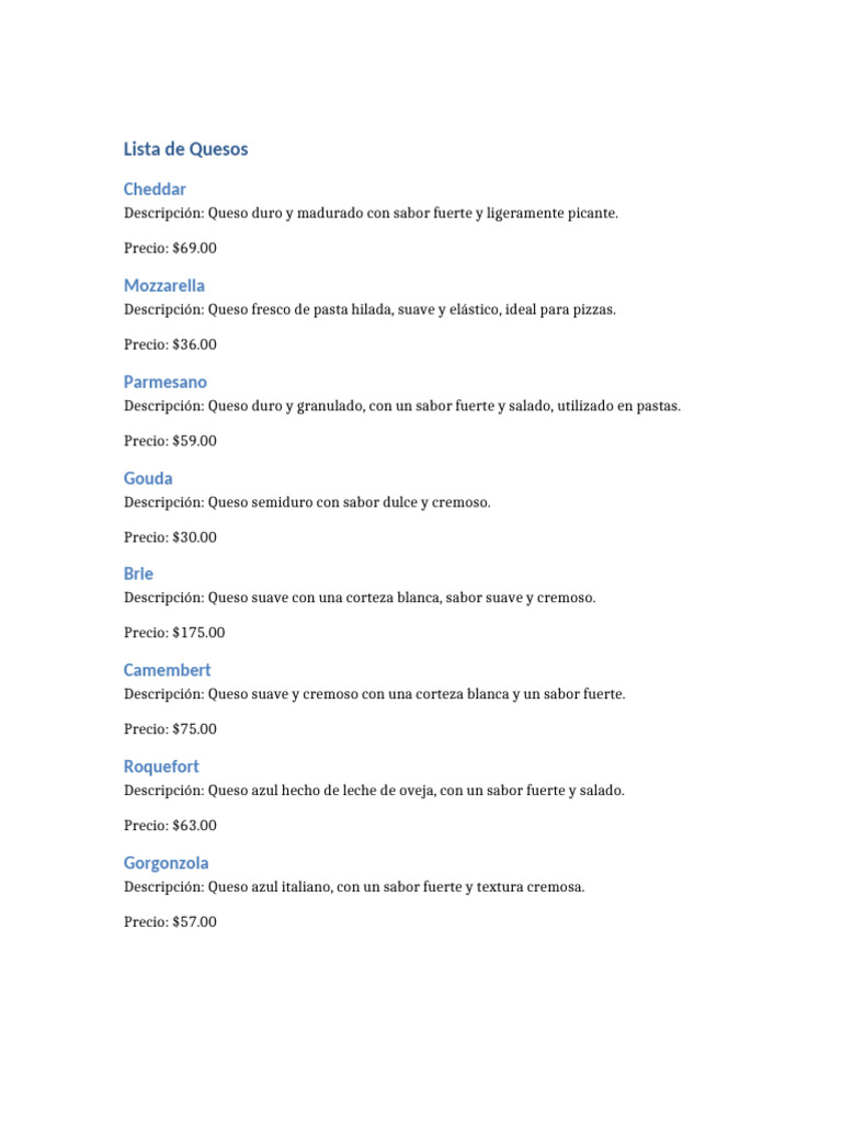 Lista de 30 Tipos de Queso | PDF