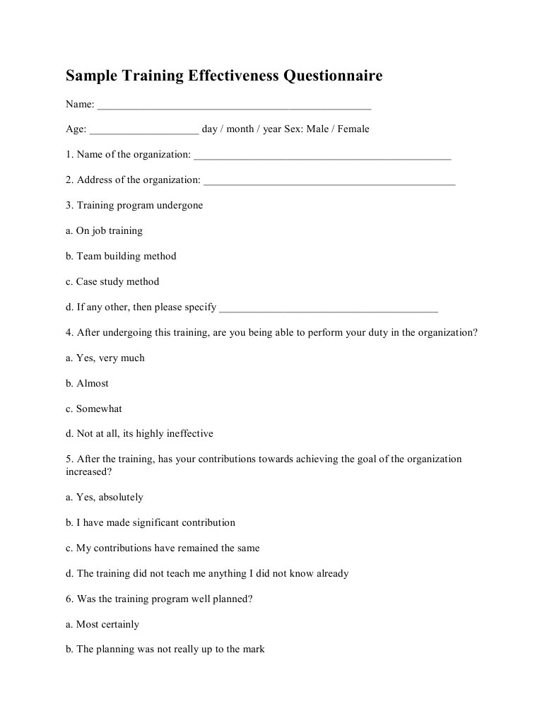Sample Training Effectiveness Questionnaire | PDF | Cognition ...