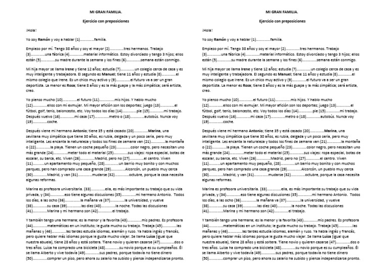 Ejercicio de preposiciones en familia | PDF