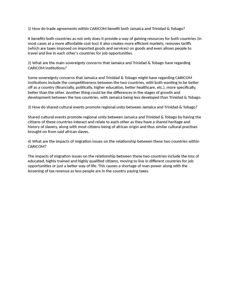 CARICOM Benefits and Challenges for Jamaica & T&T | PDF