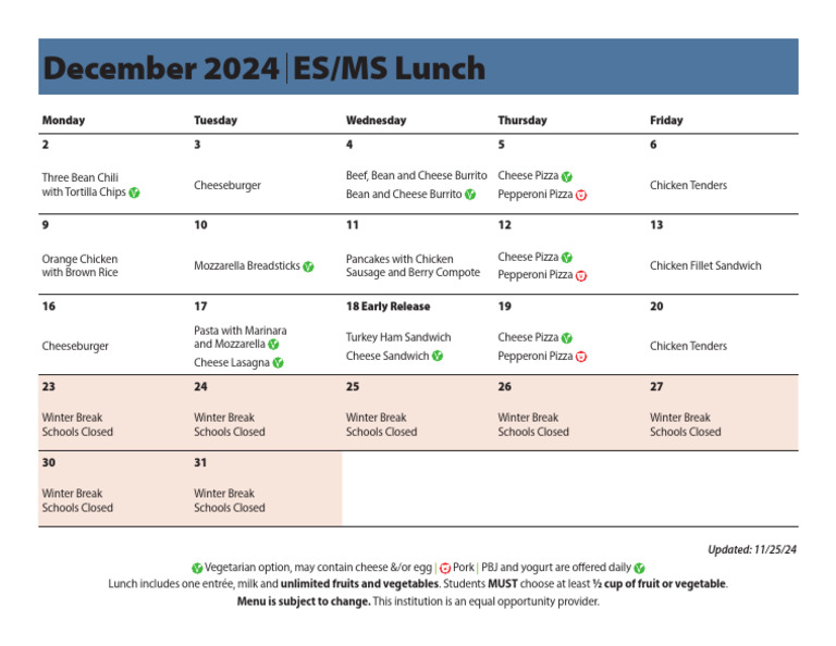 ES MS Lunch Menu December 2024 | PDF | Lunch | Pizza