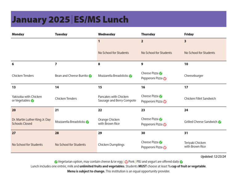 ES MS Lunch Menu January 2025 | PDF | Pizza | Foods