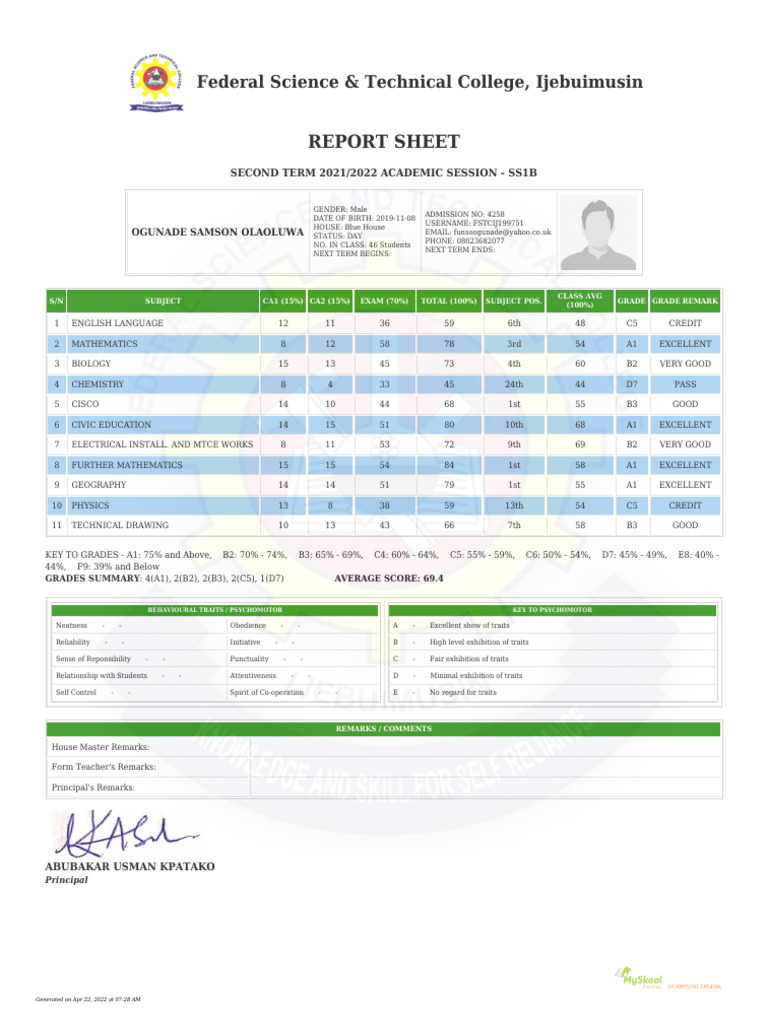 OgunadeSamsonOlaoluwa SS1B SecondTerm2021 2022 Report Card | PDF