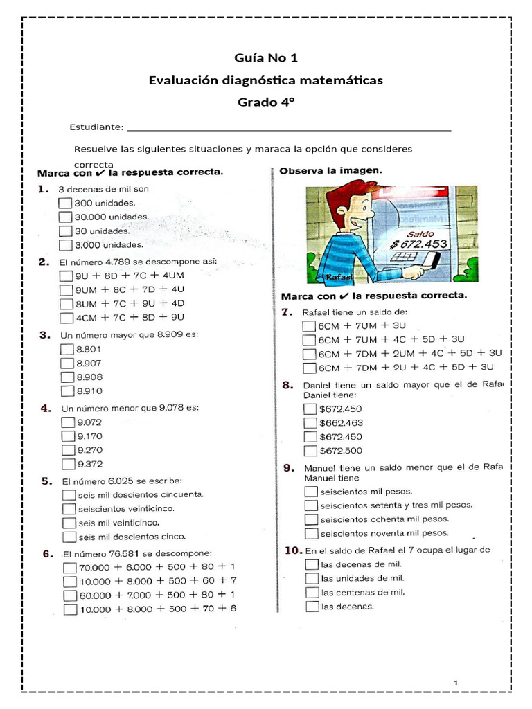 Evaluacion Diagnostica Matematicas Grado 4 | PDF