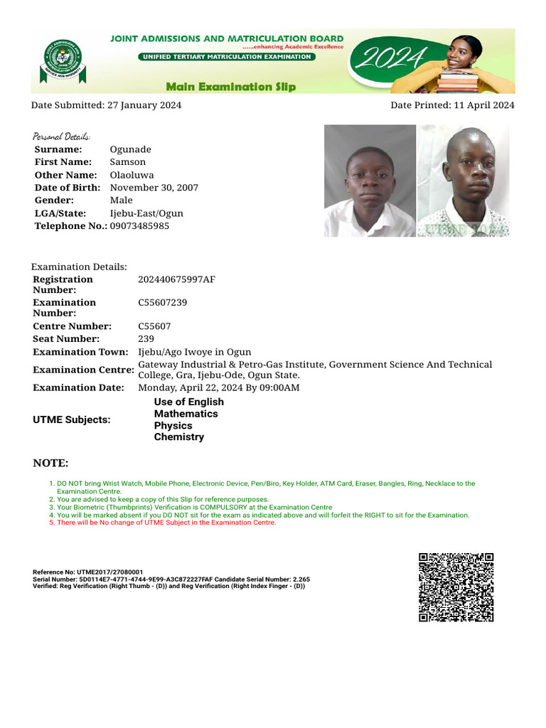 My Jamb Reprint Slip | PDF