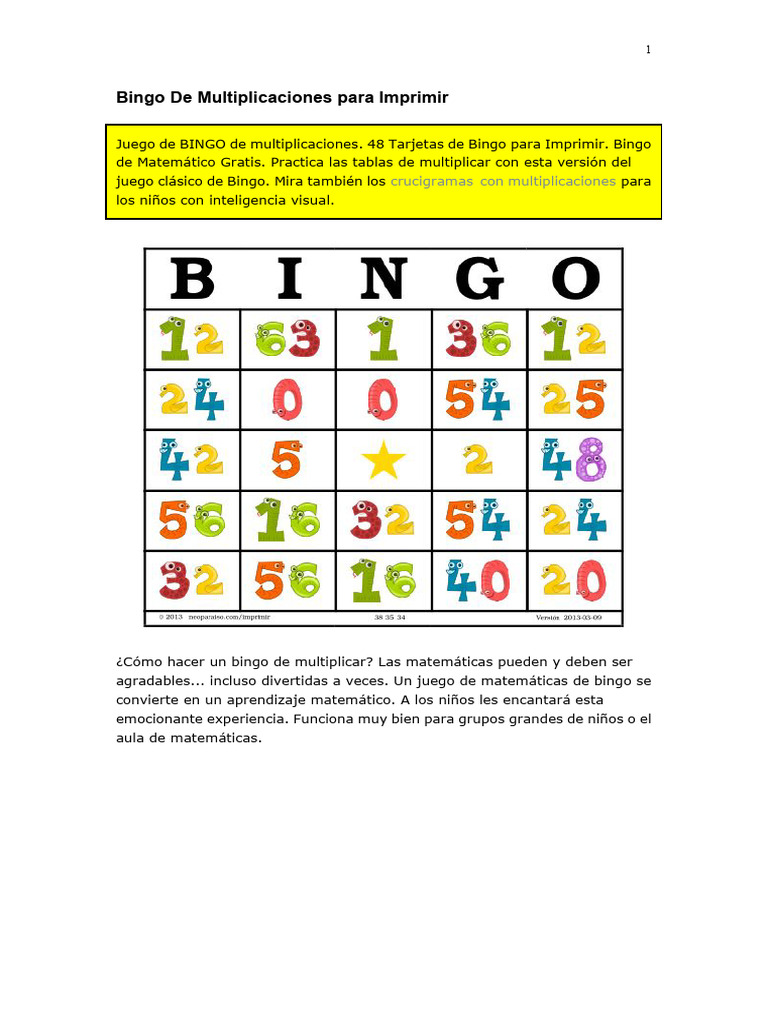 Bingo de Multiplicaciones Imprimible | PDF | Multiplicación