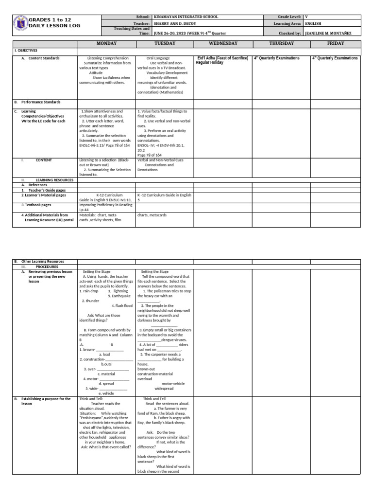 Grade 5 DLL English 5 Q4 Week 9 | PDF | Reading Comprehension ...