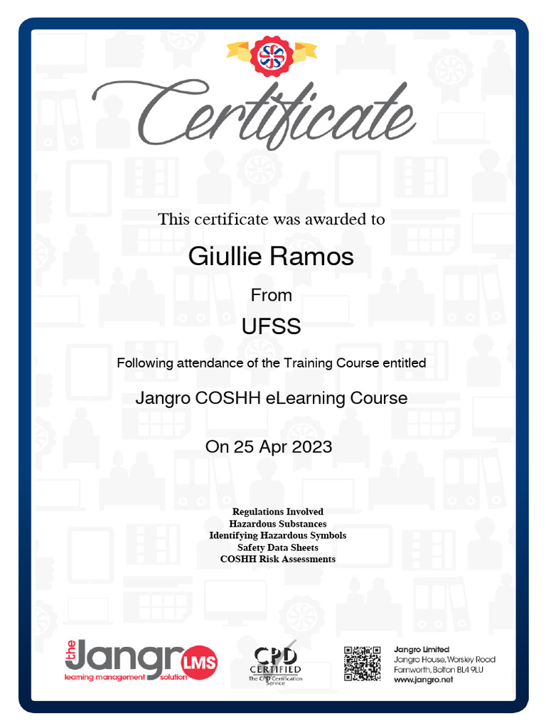 COSHH eLearning Course Certificate | PDF
