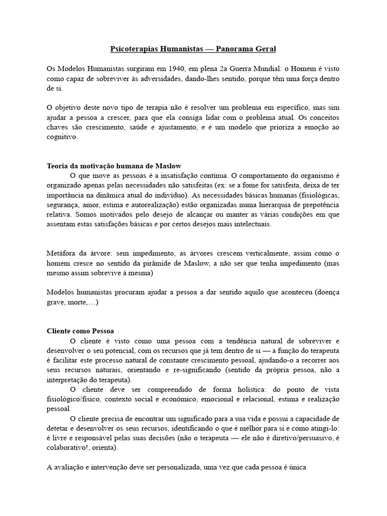 MIP I - Modelos Humanistas PDF | PDF | Psicoterapia | Experiência