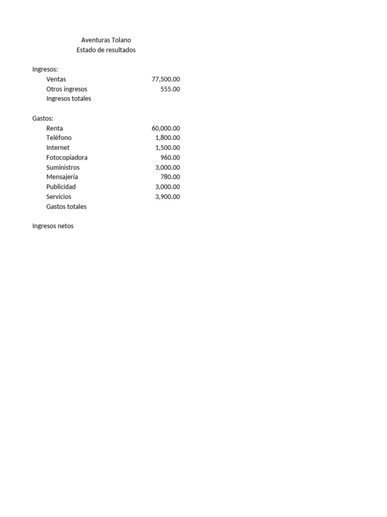 Estado de Resultados de Aventuras Tolano | PDF