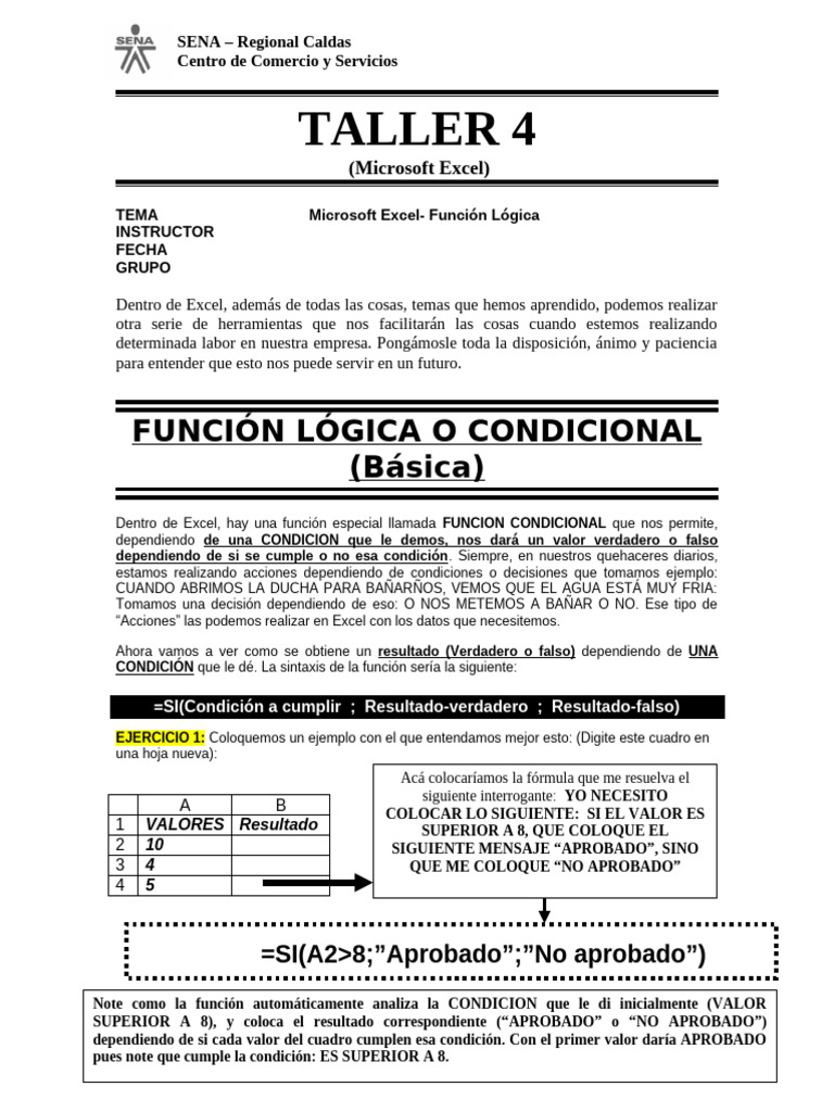 TALLER No. 4 - Funcion Logica (Básica) | PDF | Microsoft Excel | Salario mínimo