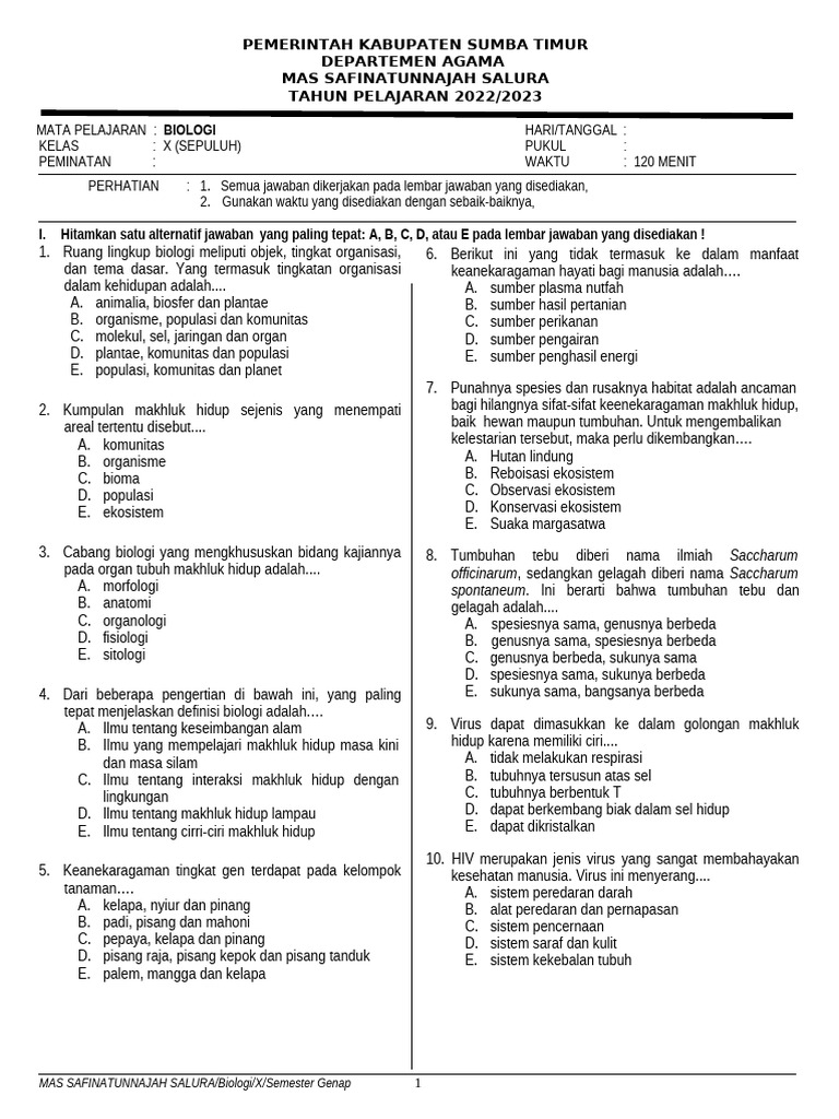 Soal Pat Biologi Kelas X k13 Mas Salura | PDF