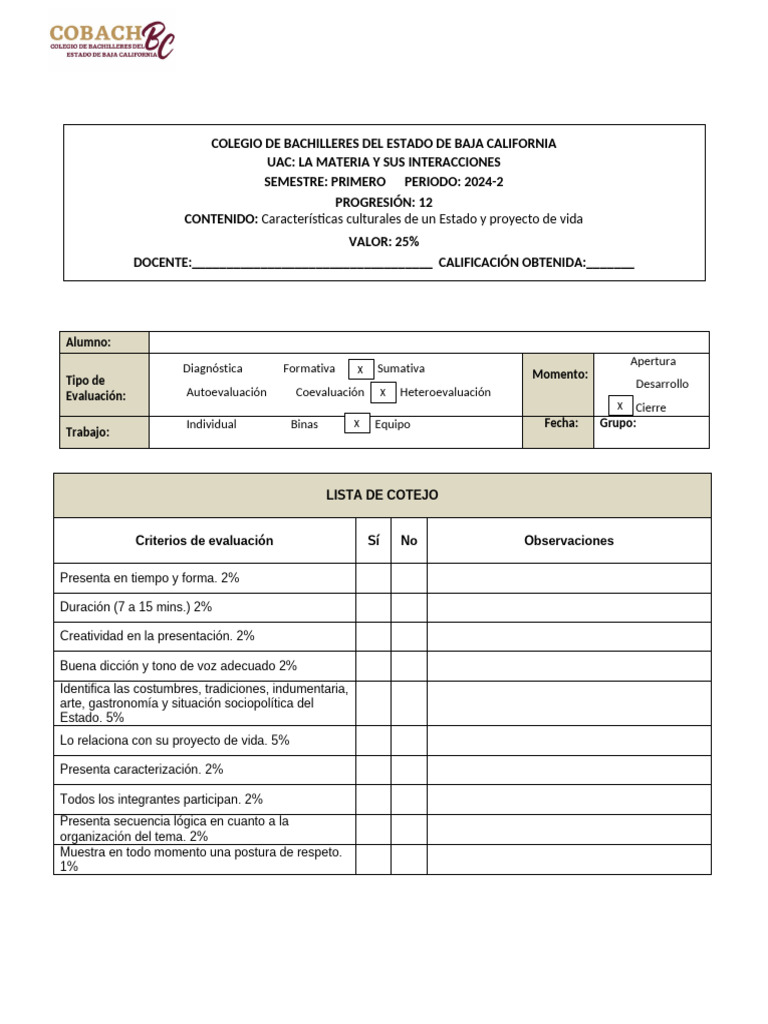 Lista de Cotejo Progresión 12 | PDF