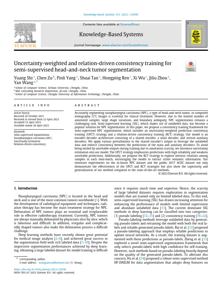 Uncertainty-weighted and relation-driven consistency training for semi-supervised head-and-neck ...