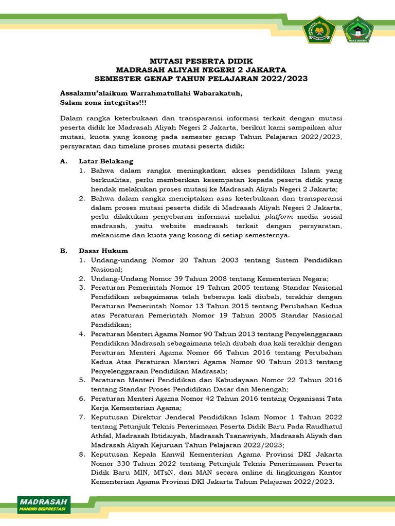 Mutasi Peserta Didik MAN 2 Jakarta 2023 | PDF
