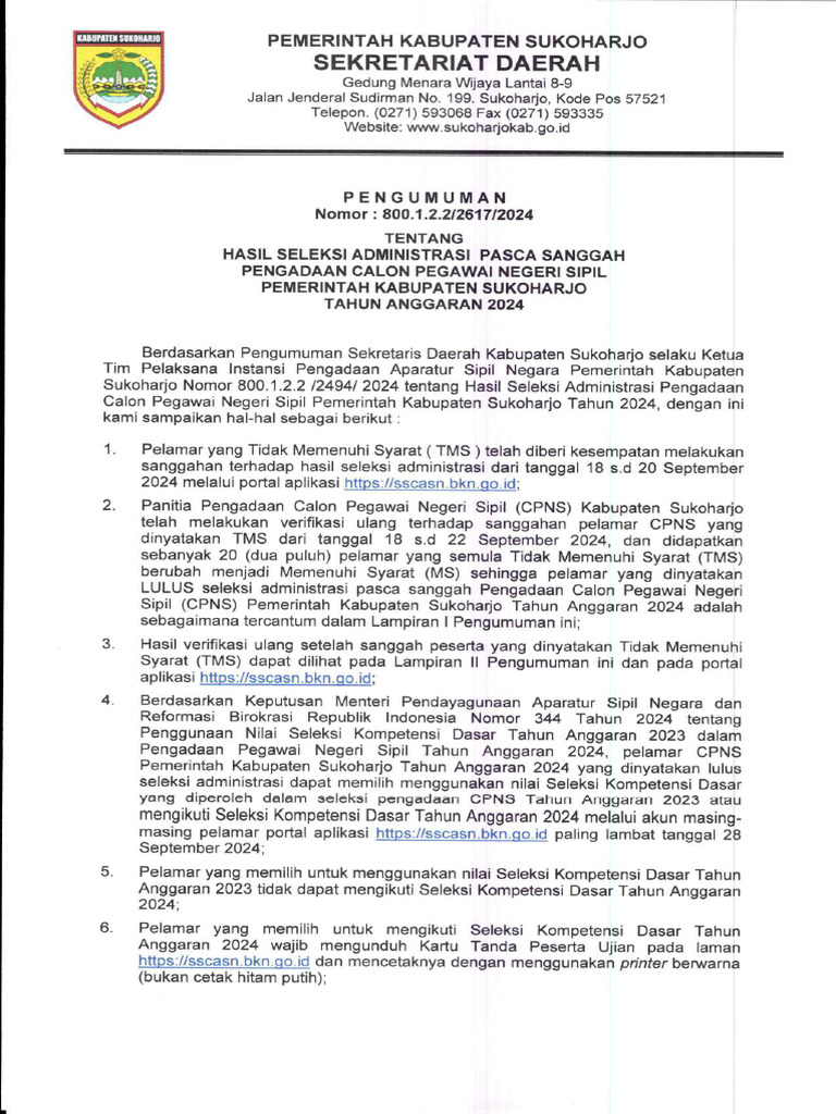 PENGUMUMAN-800.1.2.2_2617_2024-HASIL-SELEKSI-ADMINISTRASI-PASCA-SANGGAH-CPNS-KAB-SUKOHARJO-TA ...