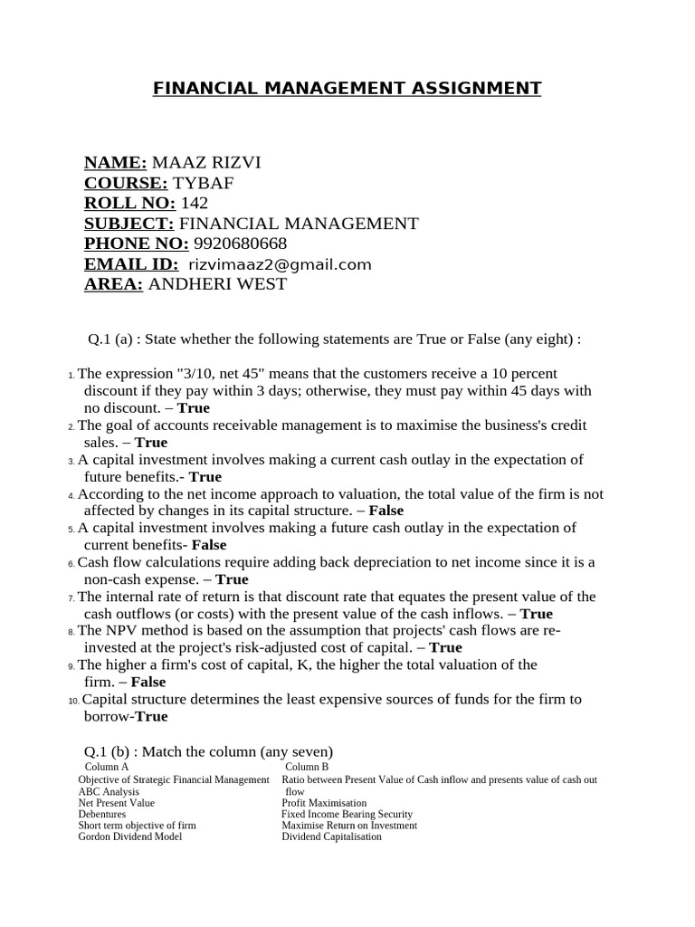 Maaz Rizvi Tybaf 142 Financial Management 9920680668 Andheri West | PDF | Net Present Value ...