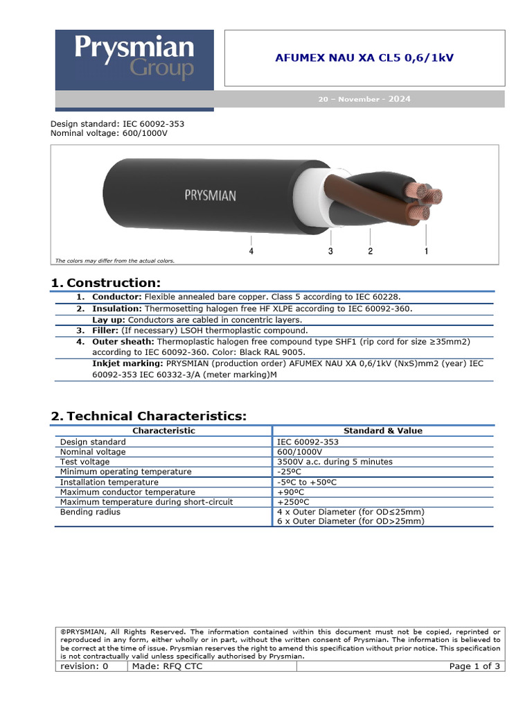 AFUMEX NAU XA CL5 1kV IEC | PDF | Electricity | Materials