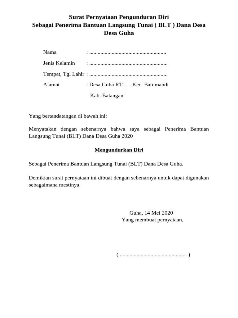 Surat Pernyataan Pengunduran Diri BLT | PDF