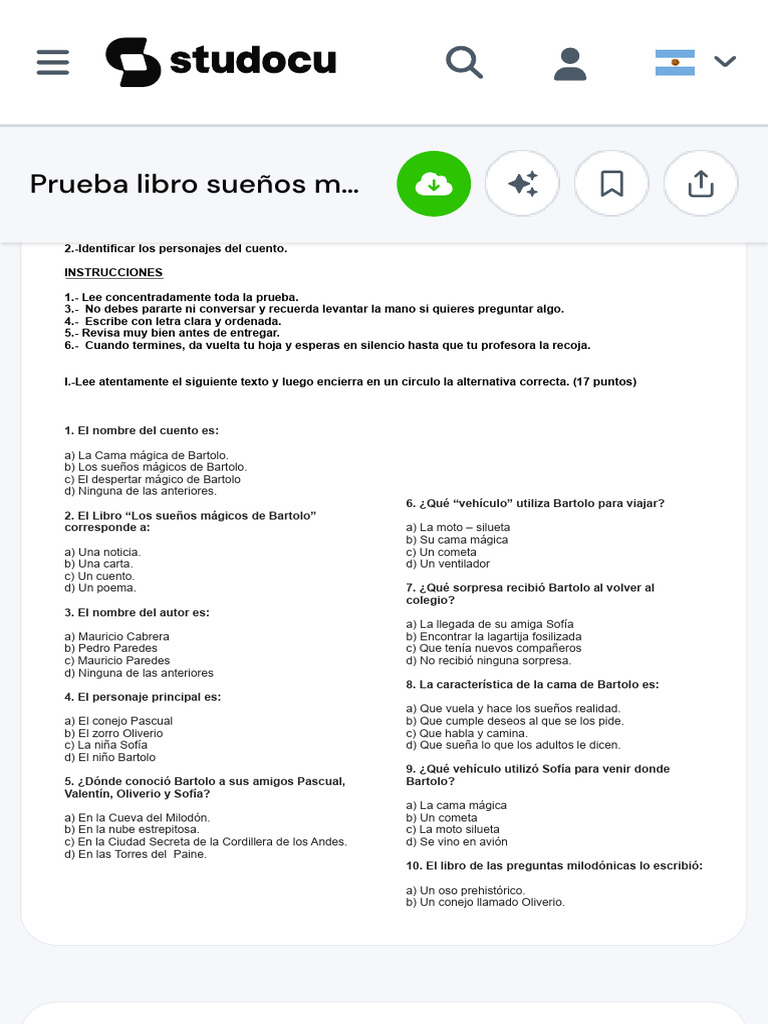 Prueba de Lectura: "Los sueños mágicos de Bartolo" | PDF