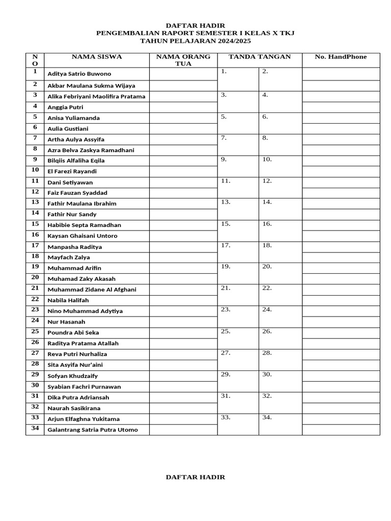 Daftar Hadir Pengambilan Raport | PDF
