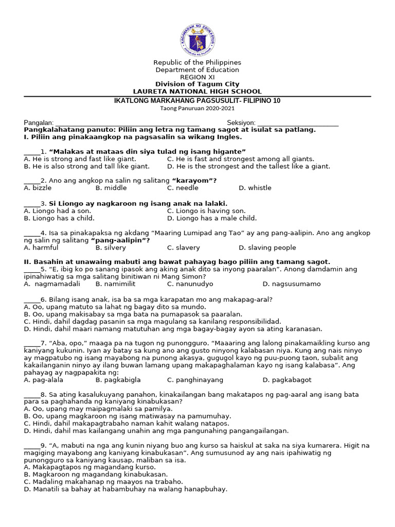 Filipino 10 3rd Exam | PDF