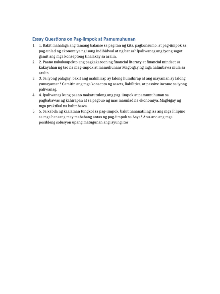 Pag-Iimpok at Pamumuhunan Essay Questions | PDF
