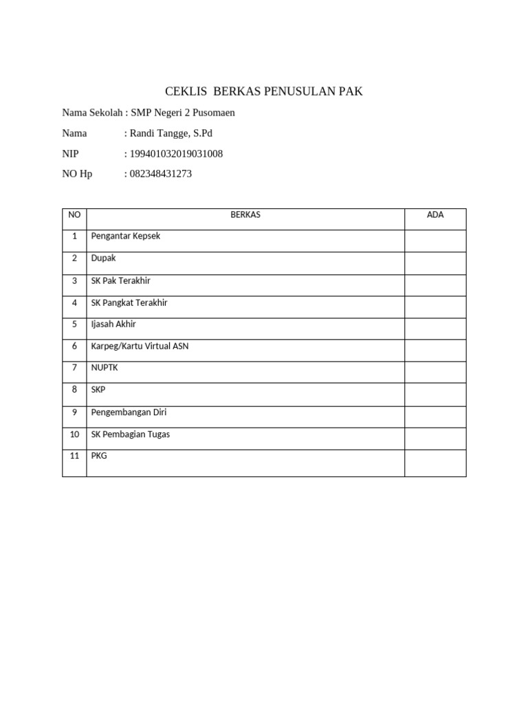 Ceklis Berkas Penusulan Pak | PDF