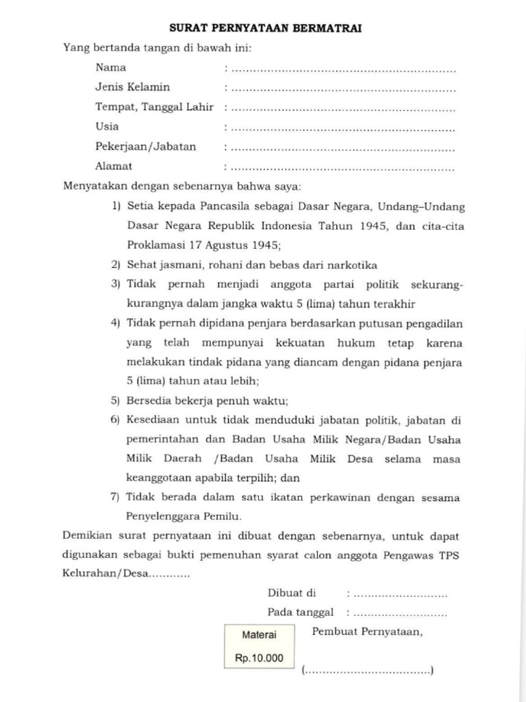 Surat Pernyataan Bermaterai | PDF