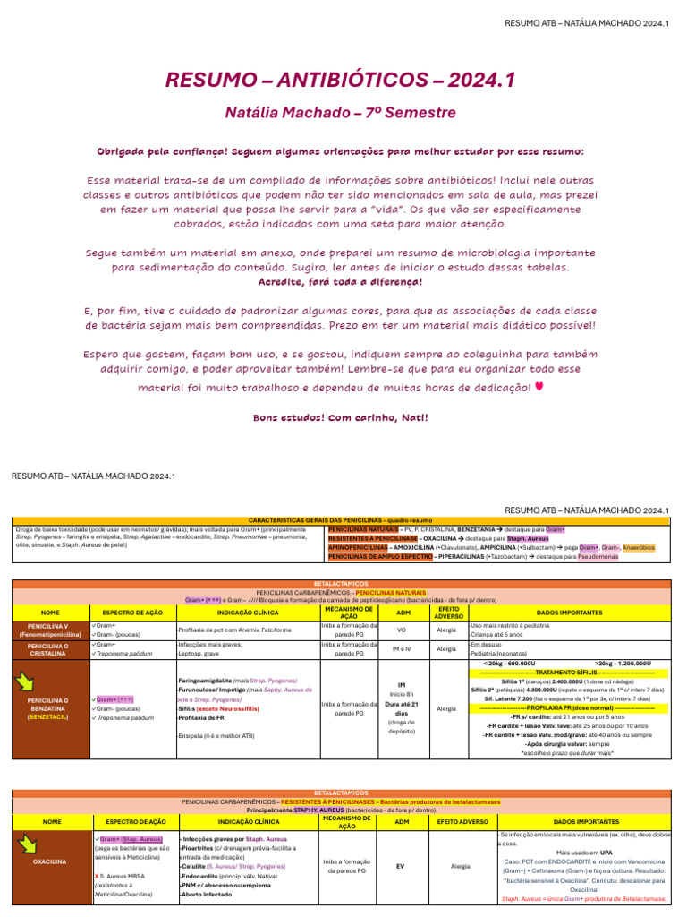Resumo Natália - Farmaco Av1 Antibióticos | PDF | Penicilina | Microbiologia