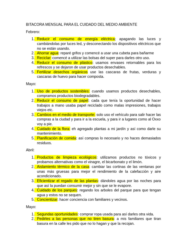 Bitácora Mensual de Cuidado Ambiental | PDF