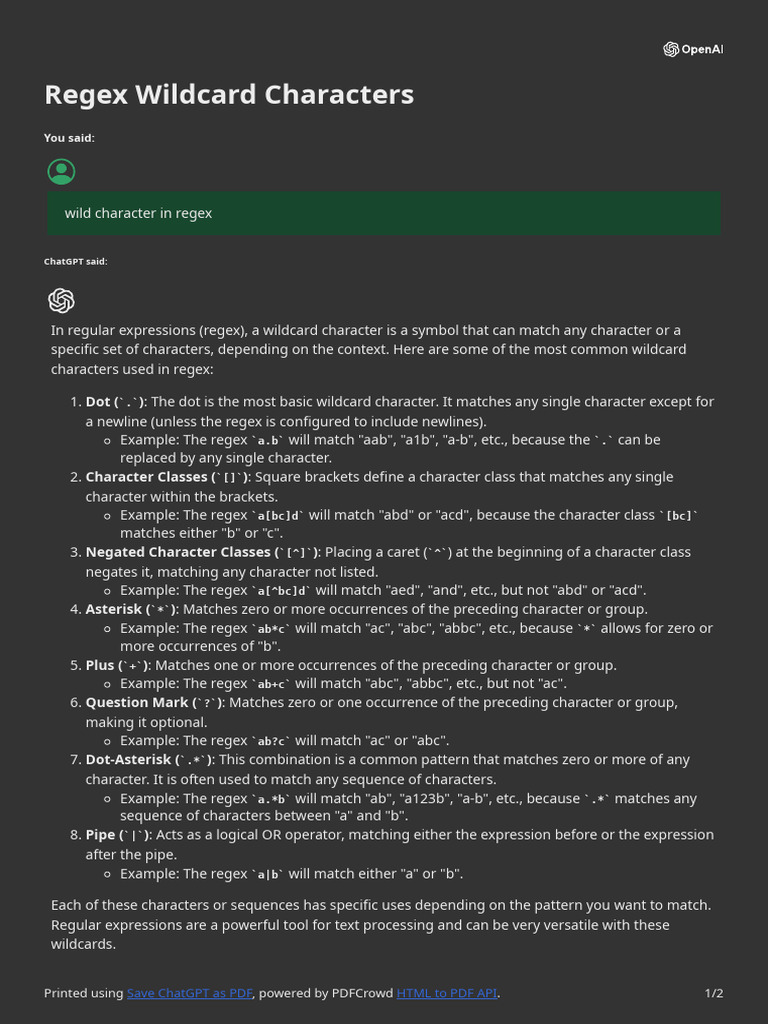 Regex Wildcard Characters | PDF | Regular Expression | Computer Programming