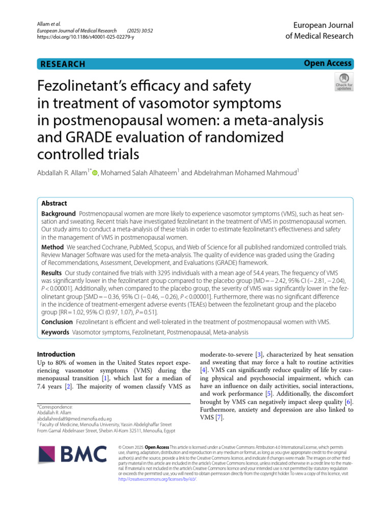Fezolinetant s efficacy and safety in treatment of vasomotor symptoms ...