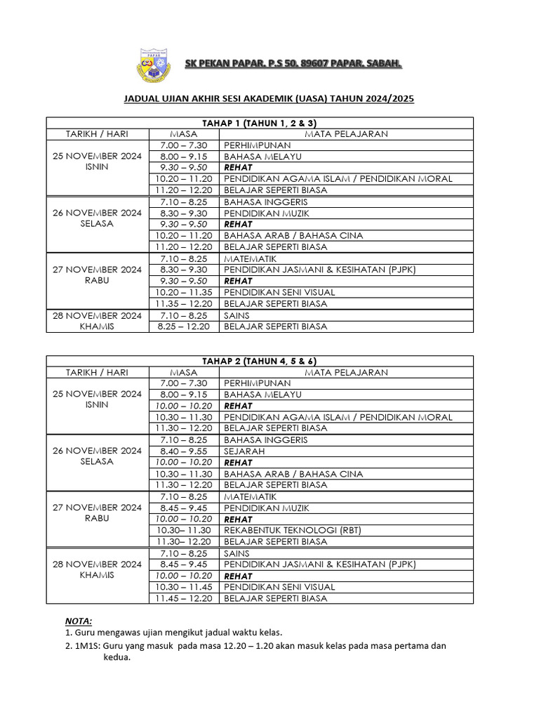 Jadual Ujian Akhir Sesi Akademik 202425 | PDF