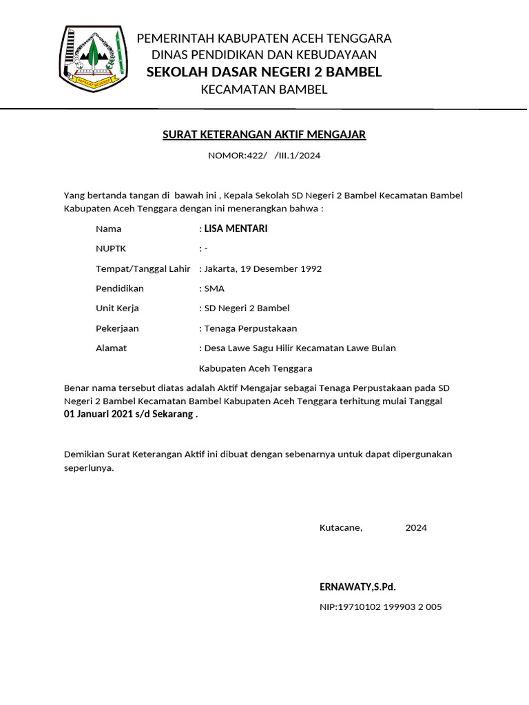 Surat Keterangan Aktif Mengajar Lisa Mentari | PDF