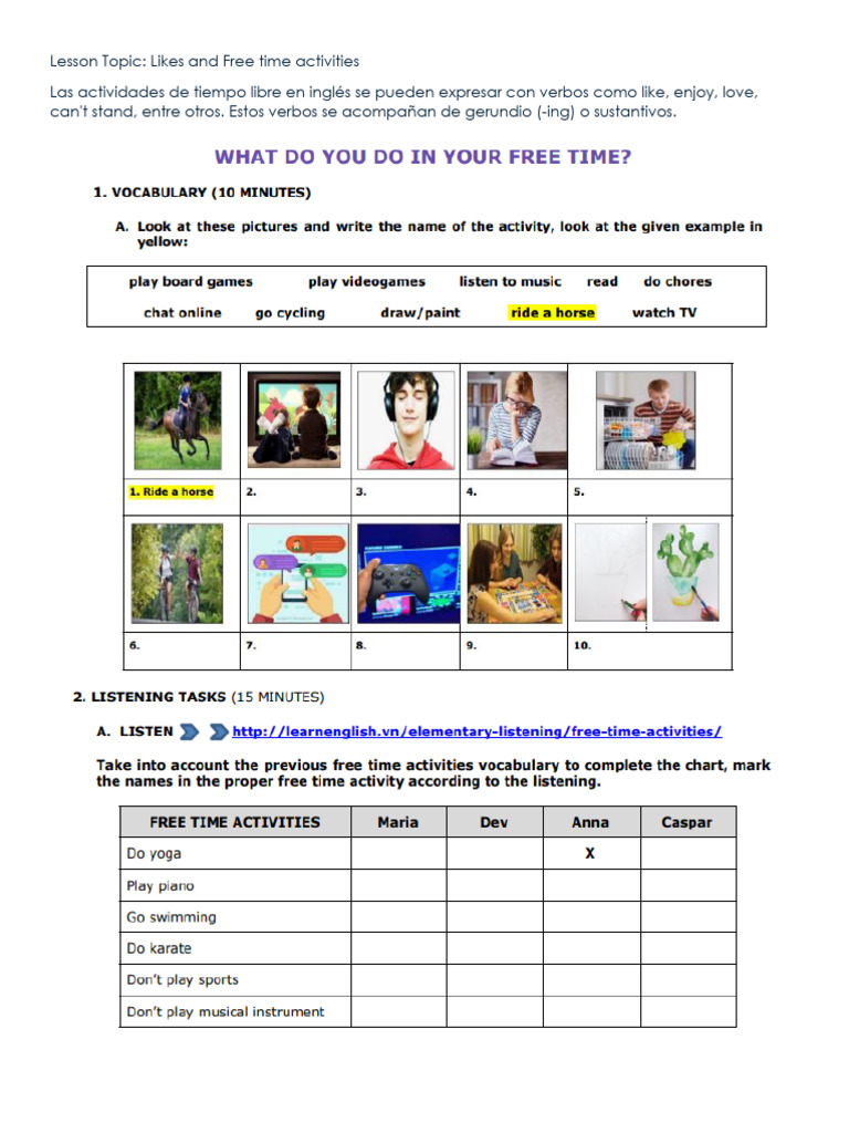 Actividades de tiempo libre en inglés | PDF
