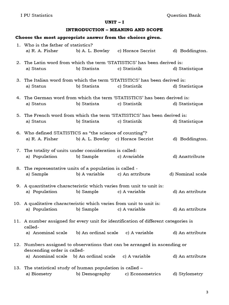 Statistics 1st Pu Question Bank | PDF | Sampling (Statistics) | Survey Methodology